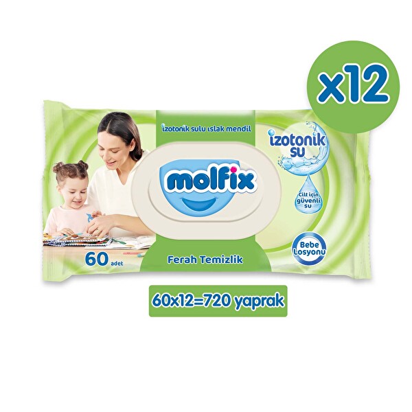 Molfix İzotonik Sulu Ferah Temizlik 60 Yaprak 12'li Paket Islak Mendil | CarrefourSA